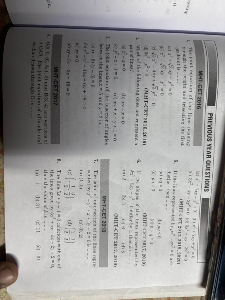 Pairs of Straight Line CET PYQs | PDF