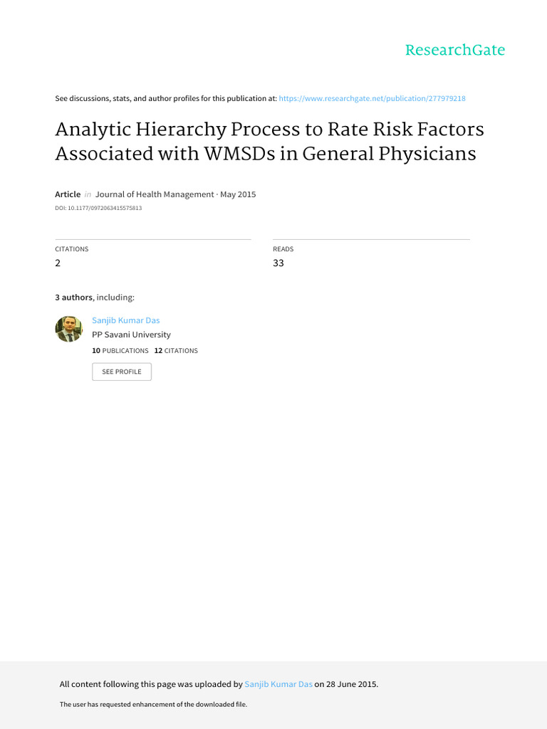 Analytic Hierarchy Process To Rate Risk Factors Associated With WMSDs ...