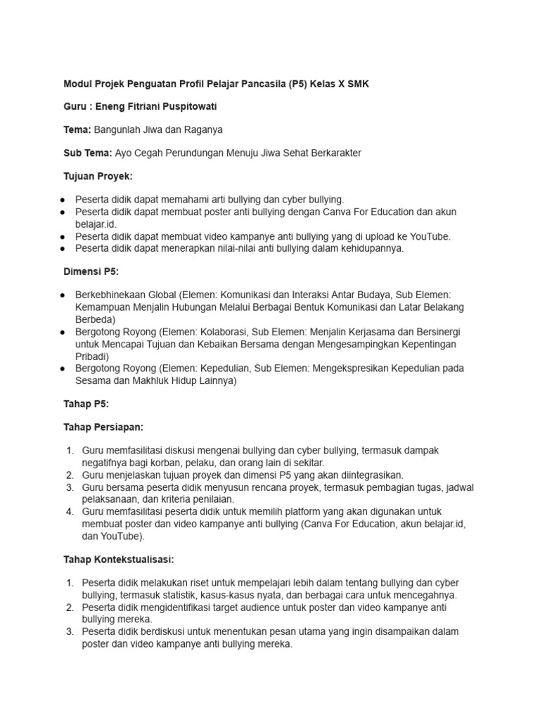 Modul Projek Penguatan Profil Pelajar Pancasila (P5) Kelas X SMK, bangun jiawa raga , anti ...