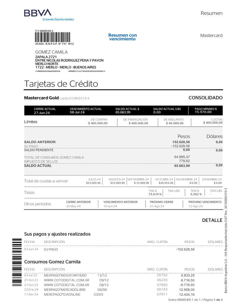 Resumen de Cuenta Mastercard Gold 2024 | PDF | Pagos | Tarjeta de crédito