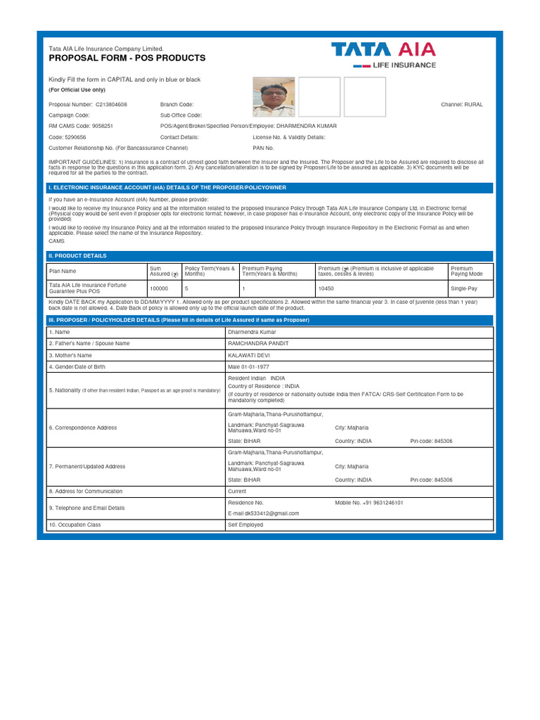 Proposal Form - Pos Products: Tata AIA Life Insurance Company Limited ...