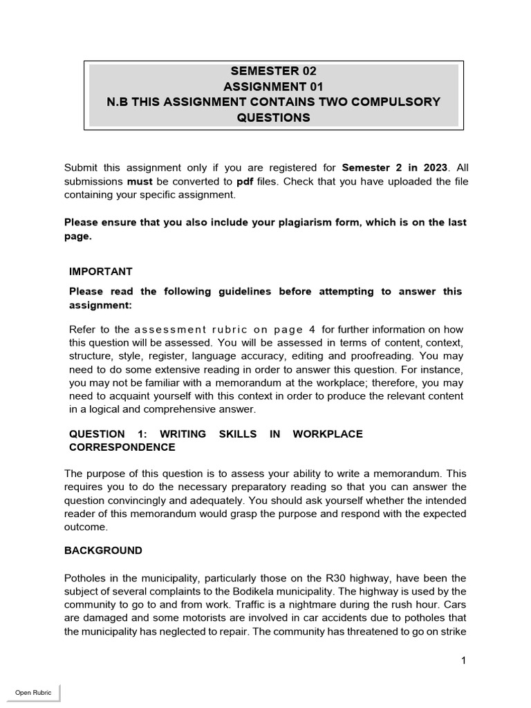 ENN1504 Assignment 1 Semester 2 2023 | PDF | Memorandum | Proofreading