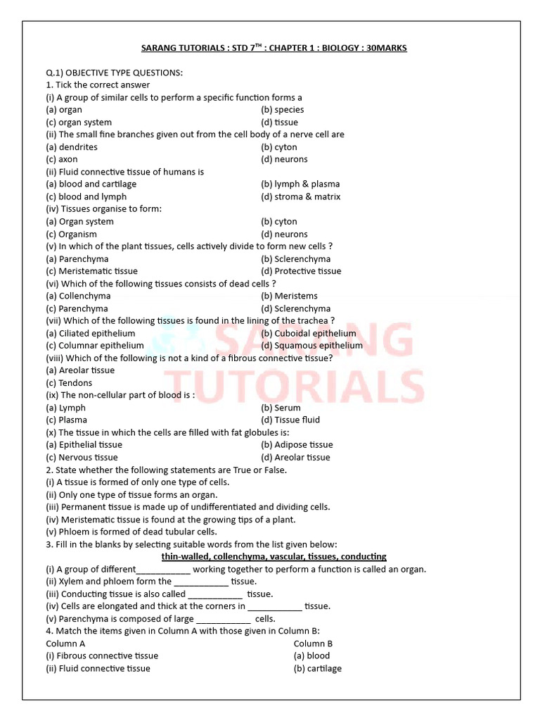 Chapter 1 - Plant Tissues and Animal Tissues | PDF | Tissue (Biology ...