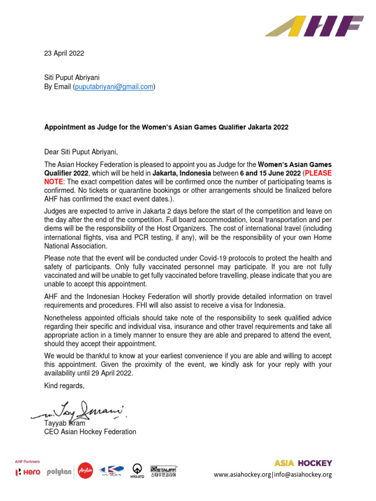 Appointment Letter Judge - Siti Puput Abriyani (INA) | PDF
