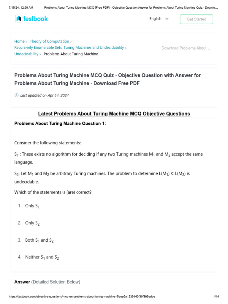 Problems About Turing Machine MCQ (Free PDF) - Objective Question ...