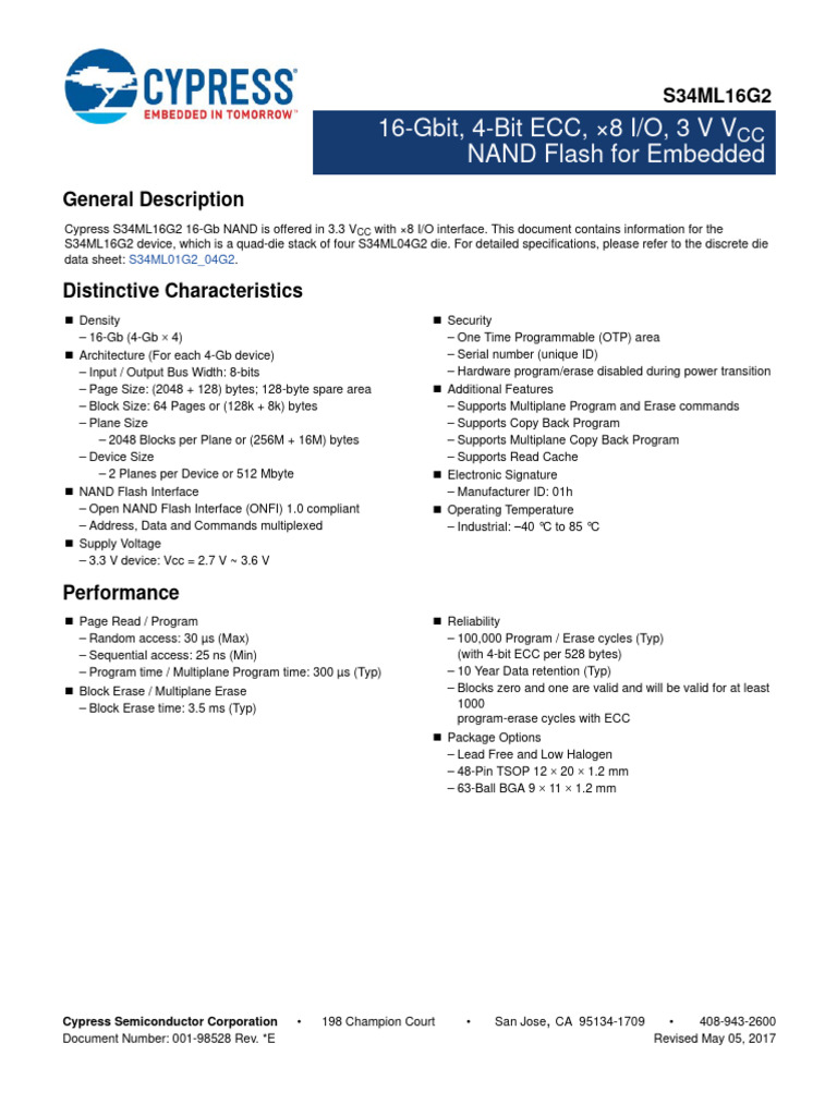Cypress S34ML16G2 16-Gb NAND Flash Data Sheet | PDF | Flash Memory ...