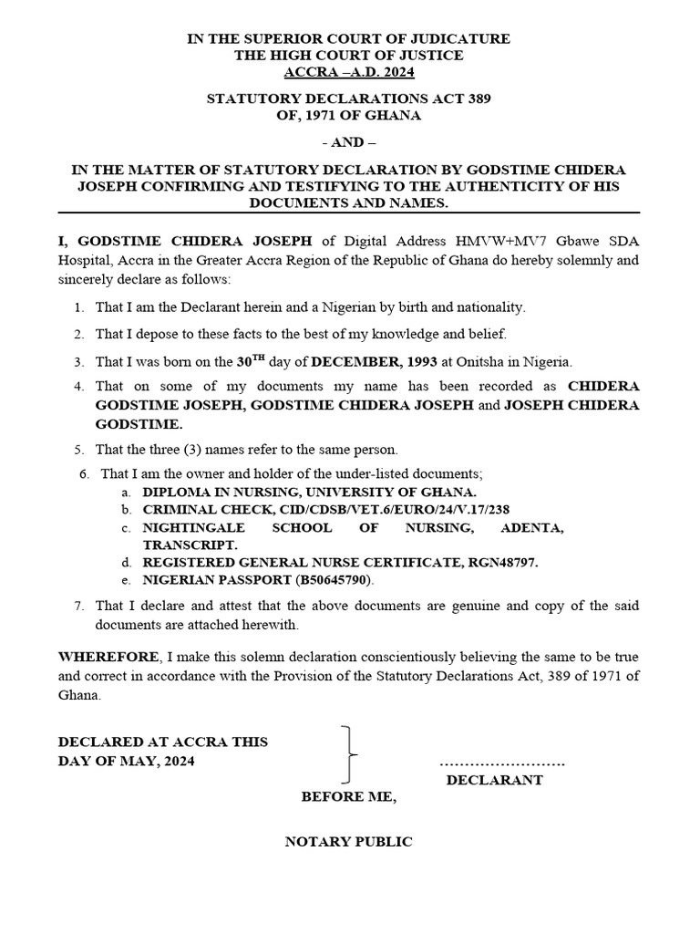 Statutory Declaration for Name Verification | PDF