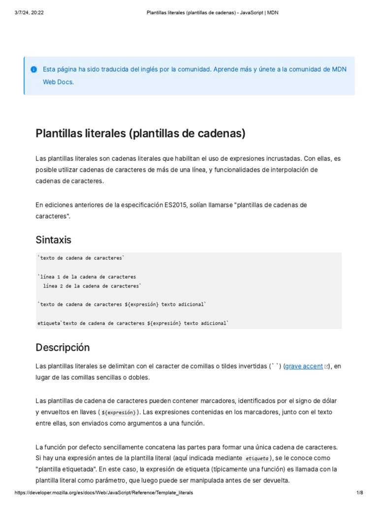 Plantillas Literales (Plantillas de Cadenas) - JavaScript - MDN | PDF ...