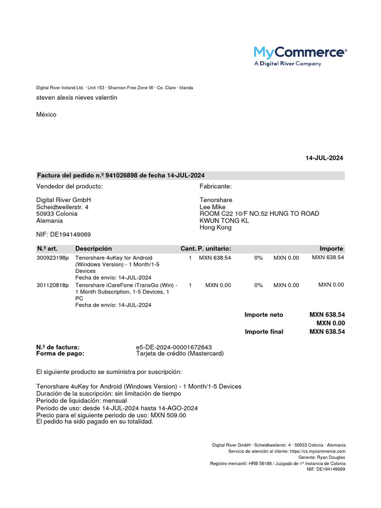 Factura de Suscripción Tenorshare 2024 | PDF | Tecnología financiera | Finanzas y dinero
