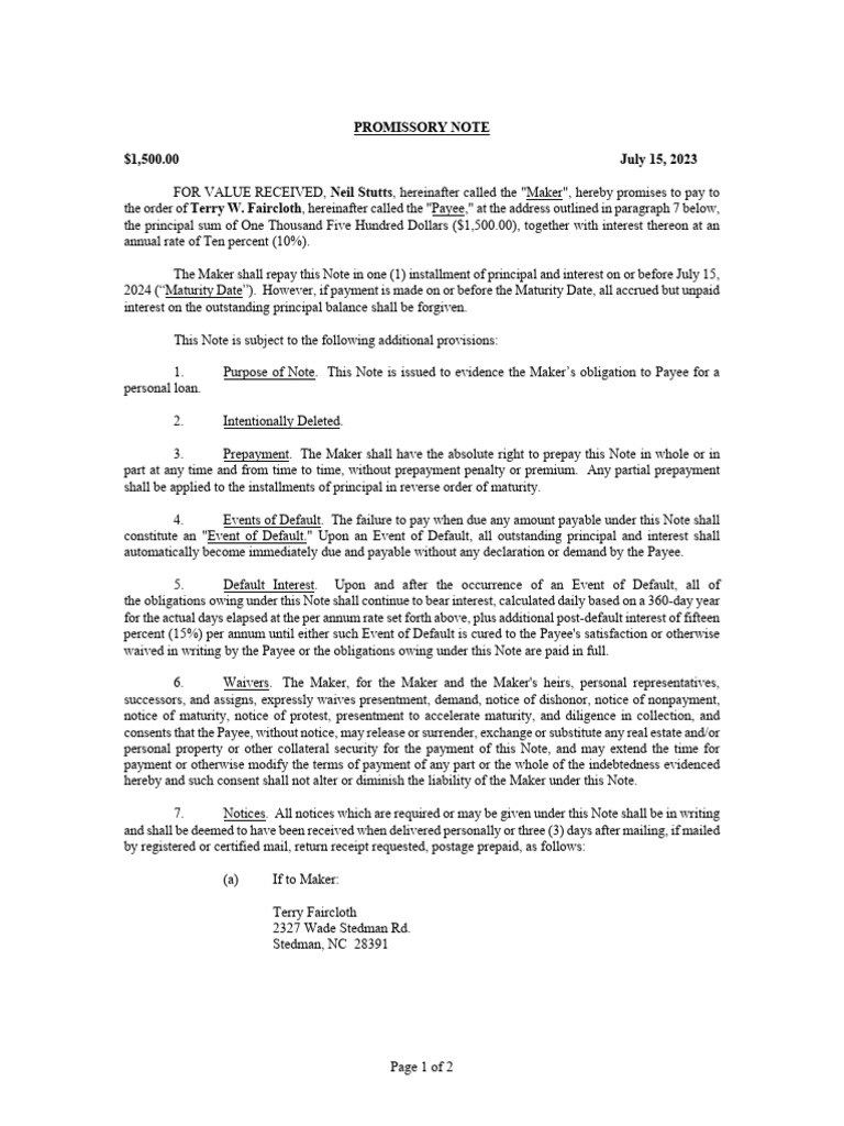 Promissory Note - Neil Stutts - Unsigned | PDF | Interest | Payments