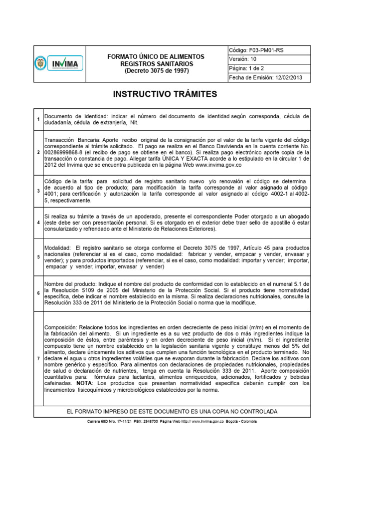 Instructivo para Registros Sanitarios de Alimentos | PDF | Documento de ...