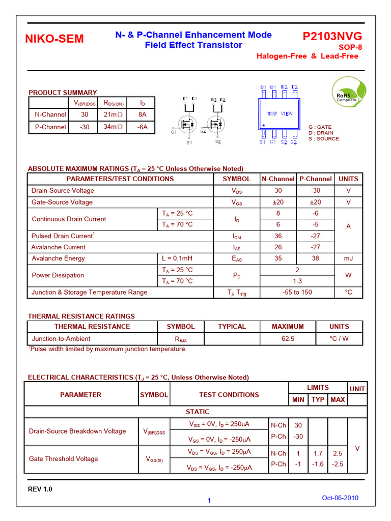 P2103NVG Niko Sem | PDF | Field Effect Transistor | Solid State Engineering