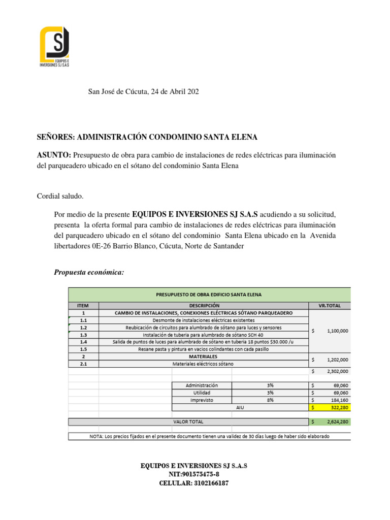Presupuesto Cambio Eléctrico Santa Elena | PDF