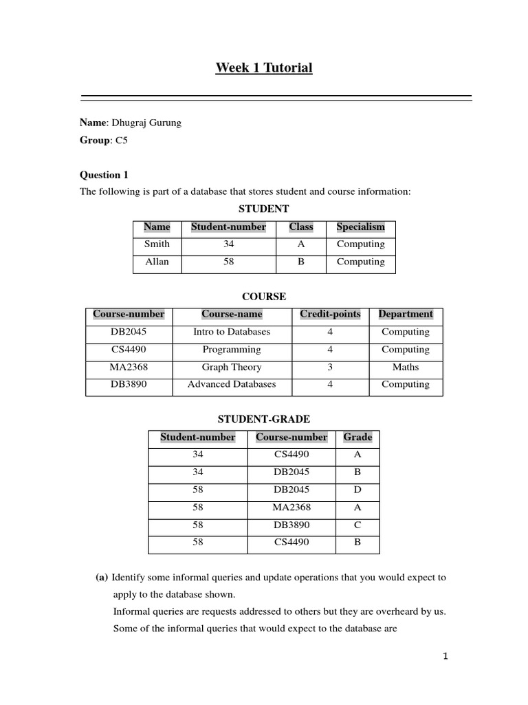 Week 1 Tutorial | PDF | Databases | Data Model