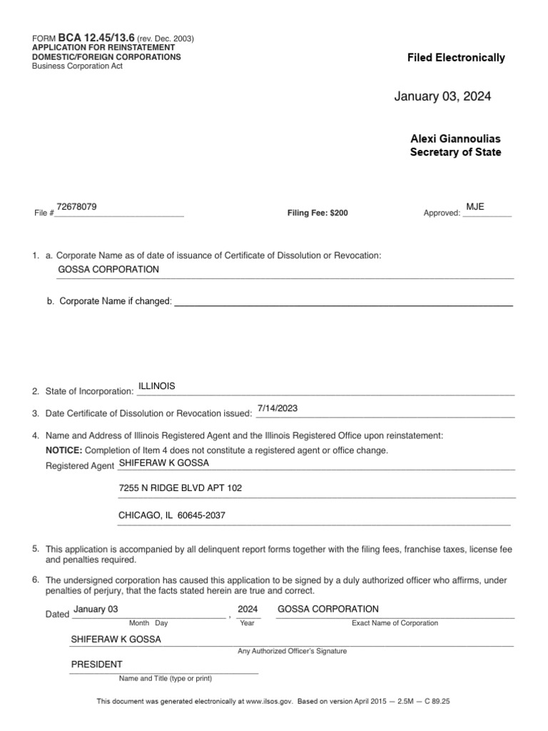 Httpsapps Ilsos Govcorpreinstatementdocument | PDF | Registered Agent ...