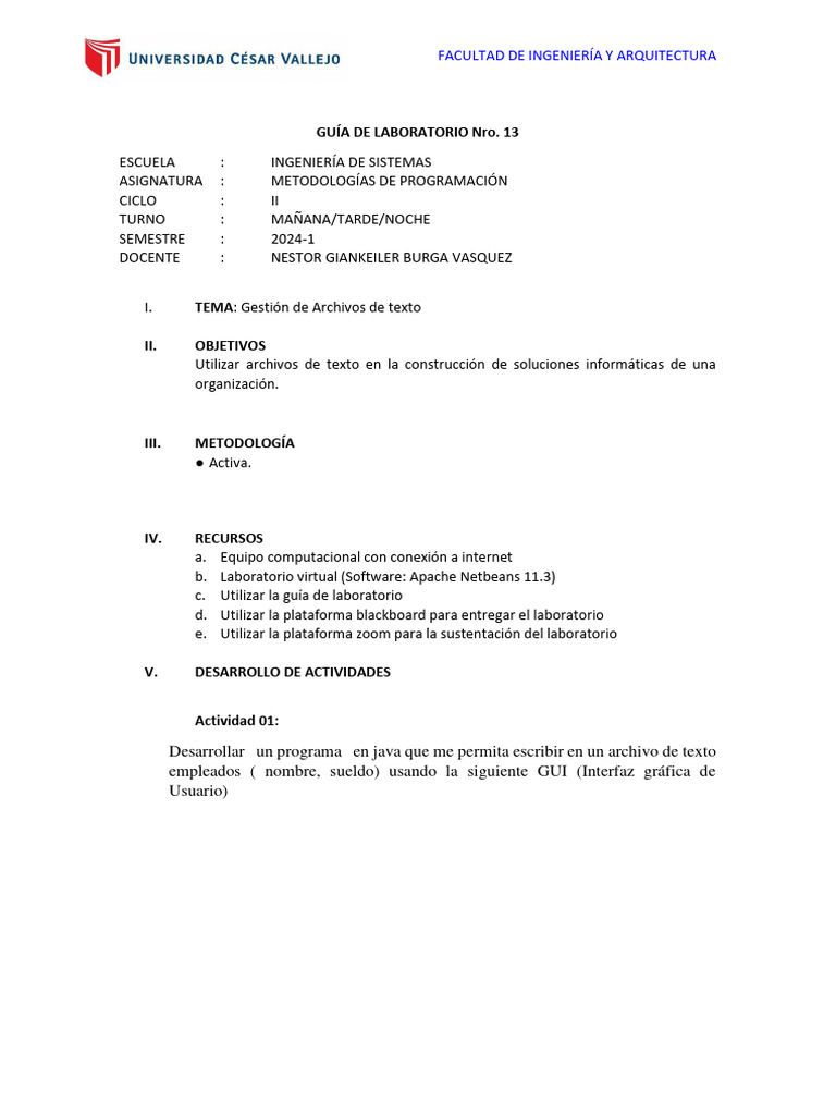 Lab13 Arch Texto | PDF | Java (lenguaje de programación) | Programa de computadora