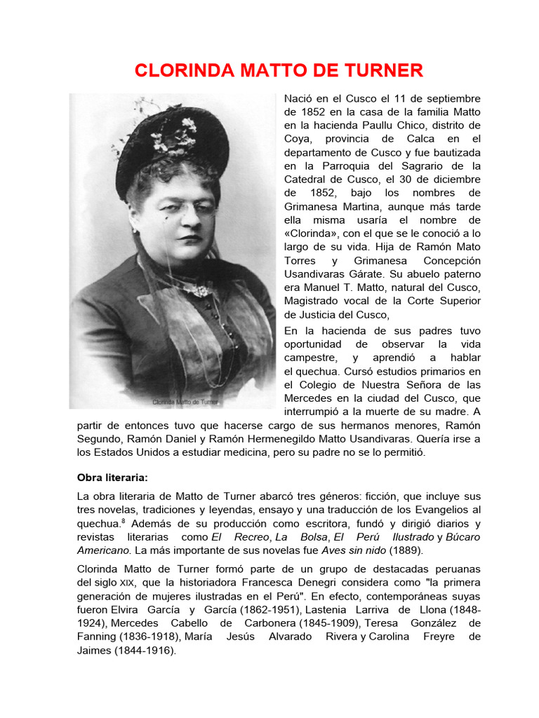 Clorinda Matto de Turner: Vida y Obras | PDF | Perú