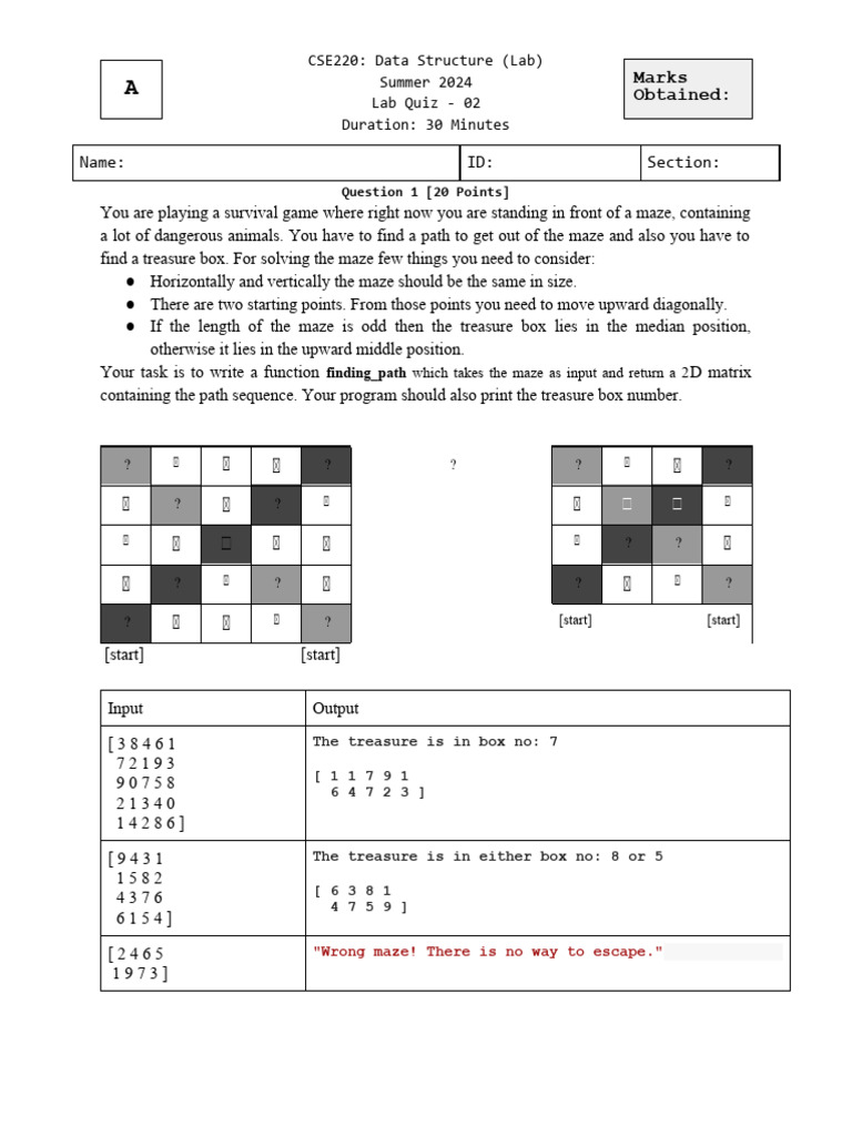 CSE220 Lab Quiz 02 SetA | PDF