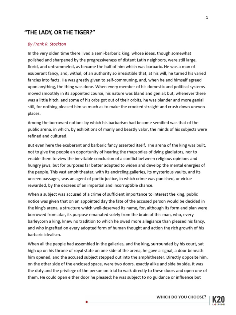 The Lady or The Tiger-Which Do You Choose | PDF | Law | Mystery ...