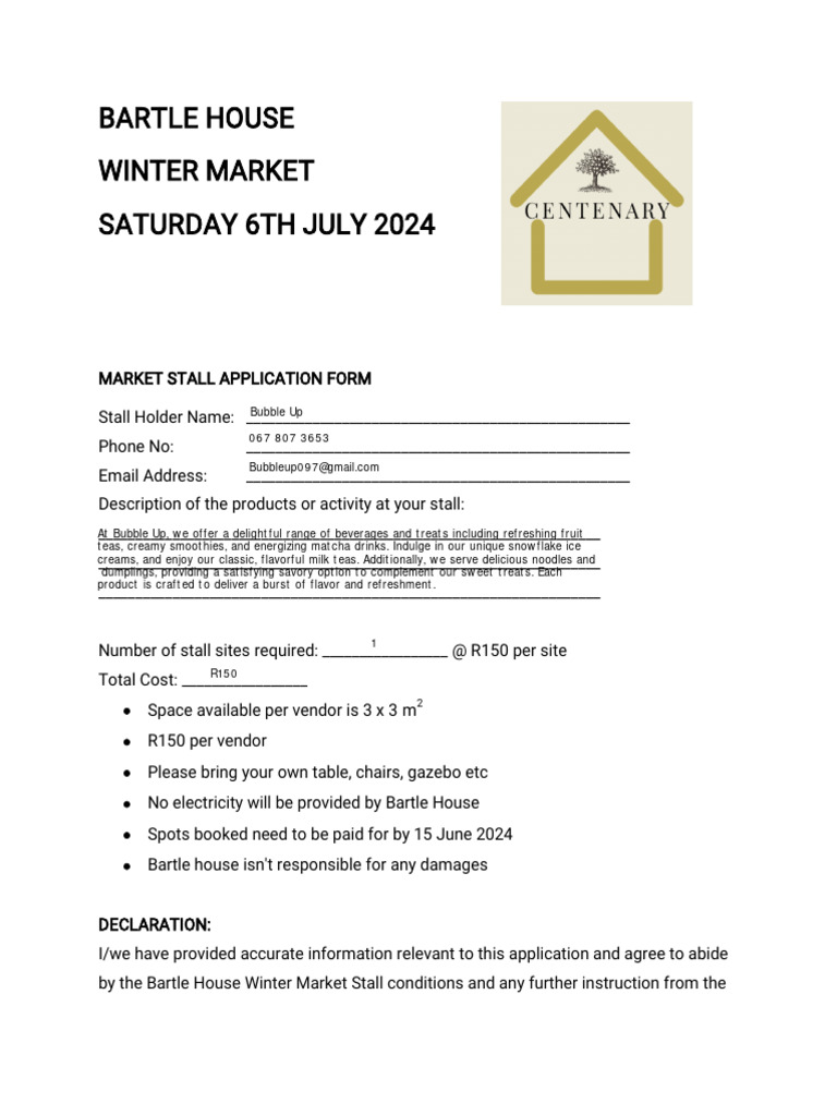 Bartle House Market Day Application Form-1 | PDF | Tea | Non Alcoholic ...