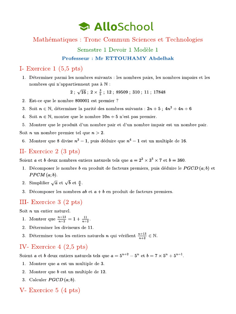 Math Tc Semestre 1 Devoir 1 Modele 1 2 | PDF