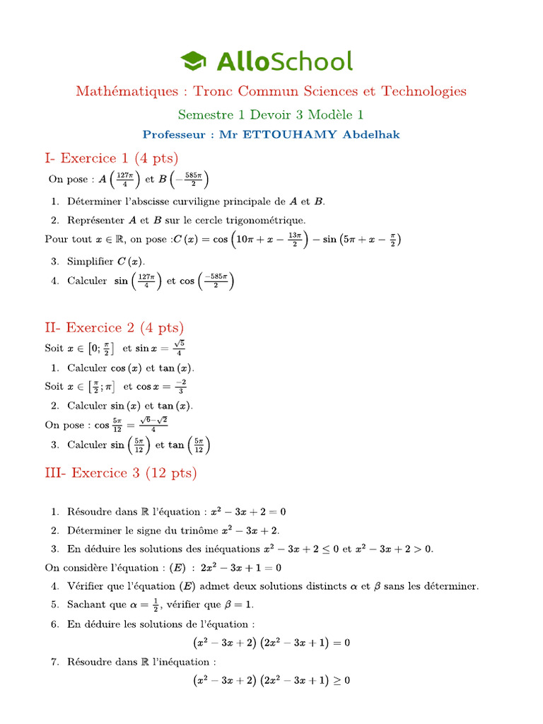 Math TC Semestre 1 Devoir 3 Modele 1 1 | PDF