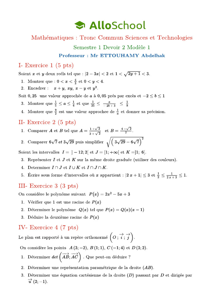 Math Tc Semestre 1 Devoir 2 Modele 1 1 | PDF