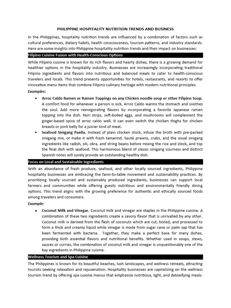 Philippine Hospitality Nutrition Trends and Business Handout | PDF ...