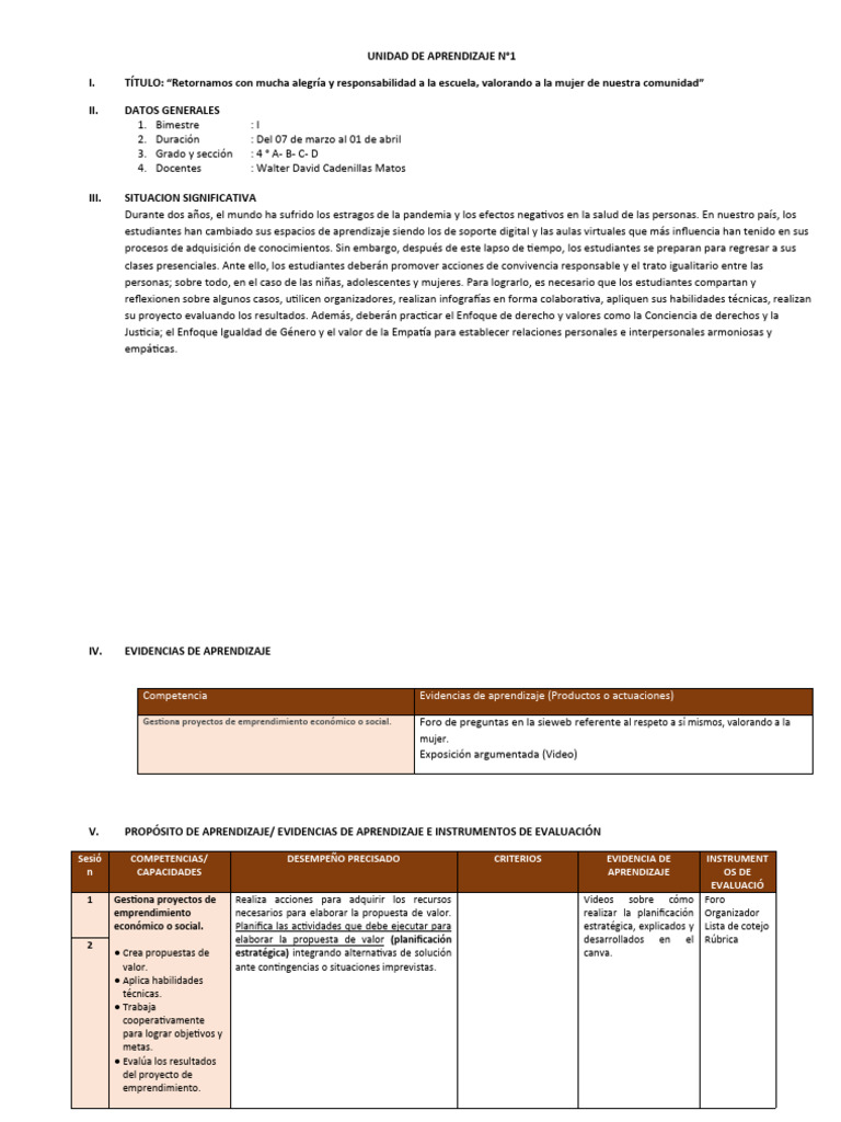 Unidad de Aprendizaje I - Ept 4to | PDF | Aprendizaje | Planificación