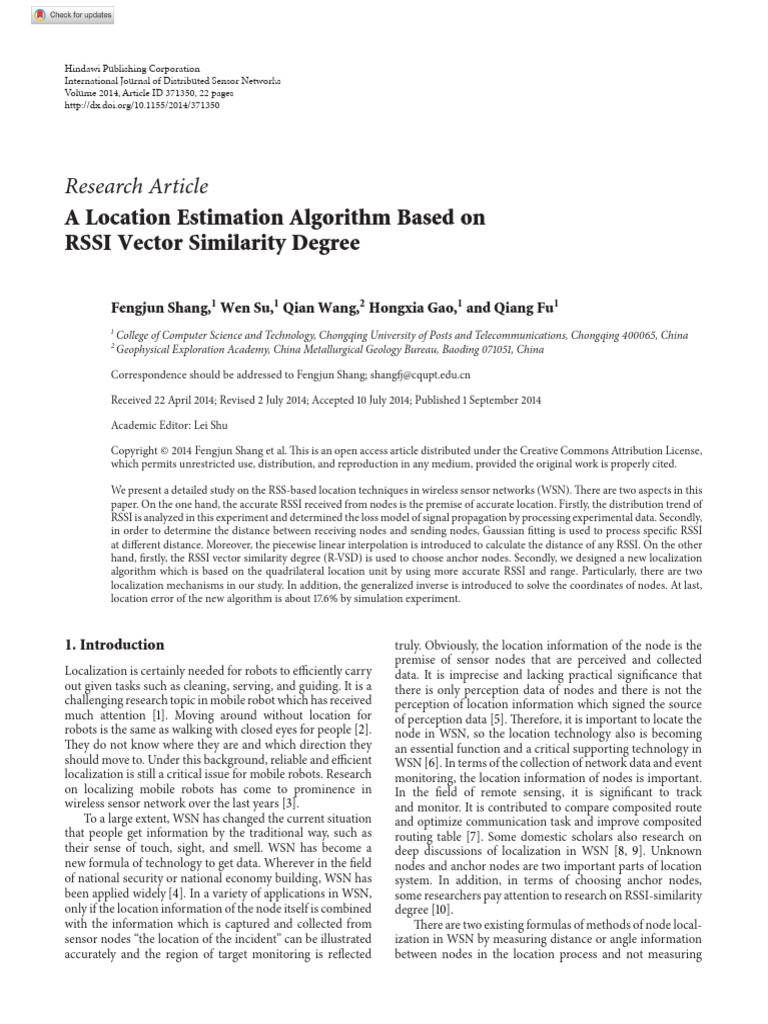 Shang Et Al 2014 A Location Estimation Algorithm Based On Rssi Vector Similarity Degree | PDF ...