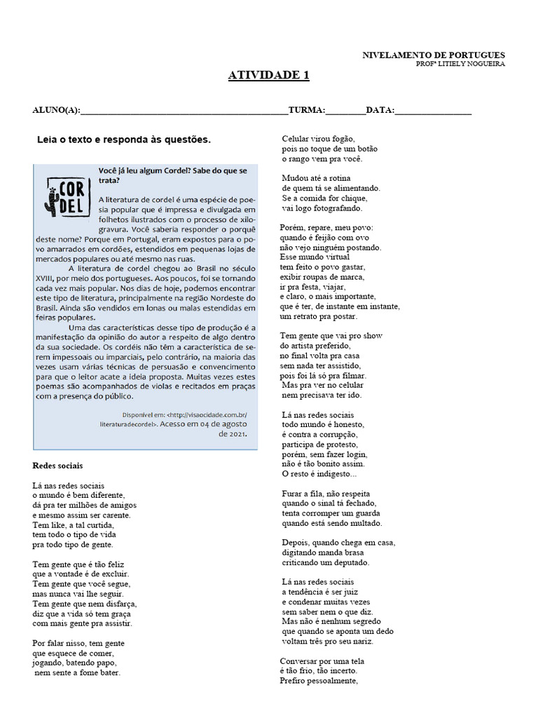 ATIVIDADE 1 - 7ºANO | PDF