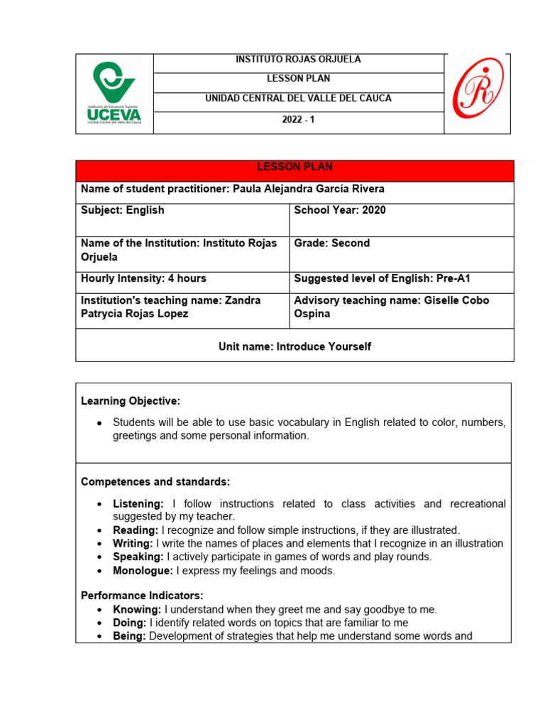 FIRST LESSON PLAN | PDF | Lesson Plan | English Language