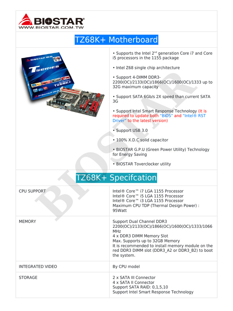 BIOSTAR_TZ68K+_SPEC | PDF | Graphics Processing Unit | Usb