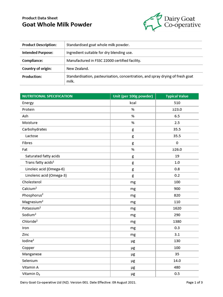 Product Data Sheet - Goat Whole Milk Powder 2021 | PDF | Milk ...