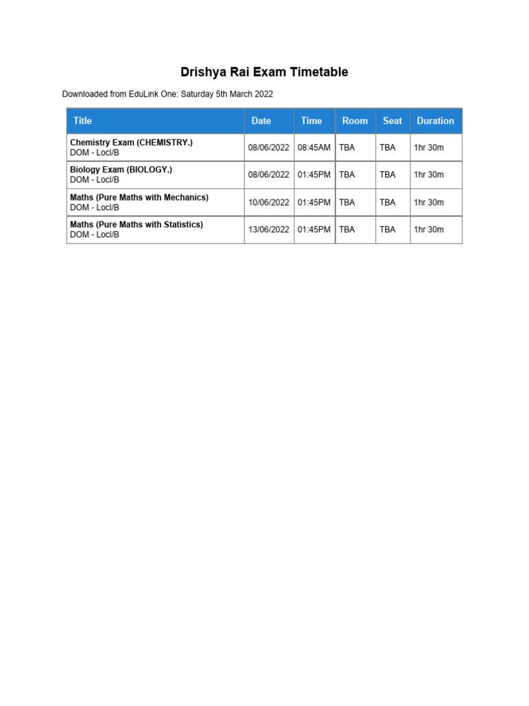 Exam Timetable | PDF