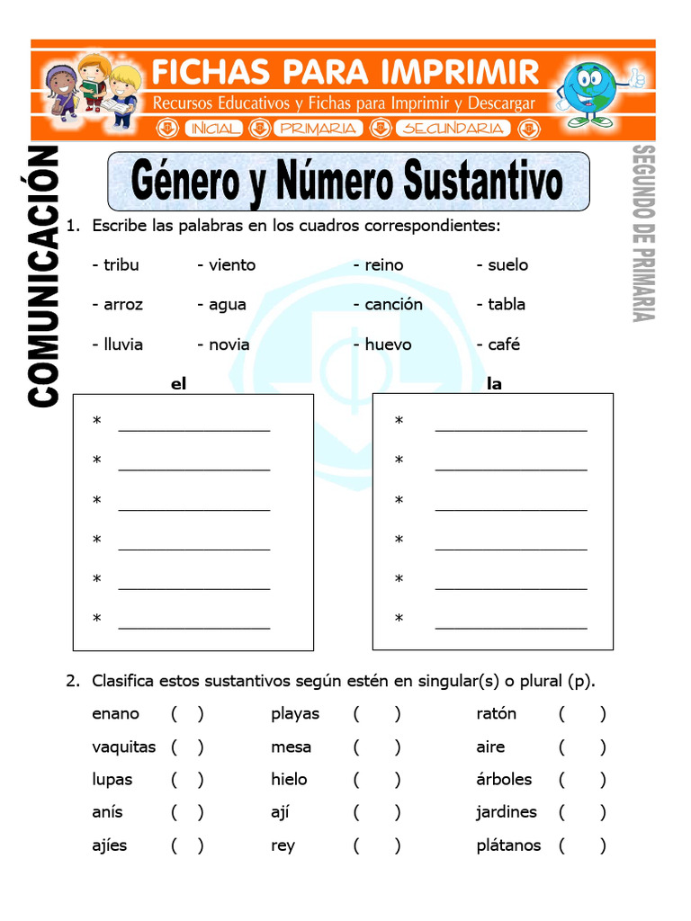 Ficha de Genero y Numero Del Sustantivo para Segundo de Primaria | PDF