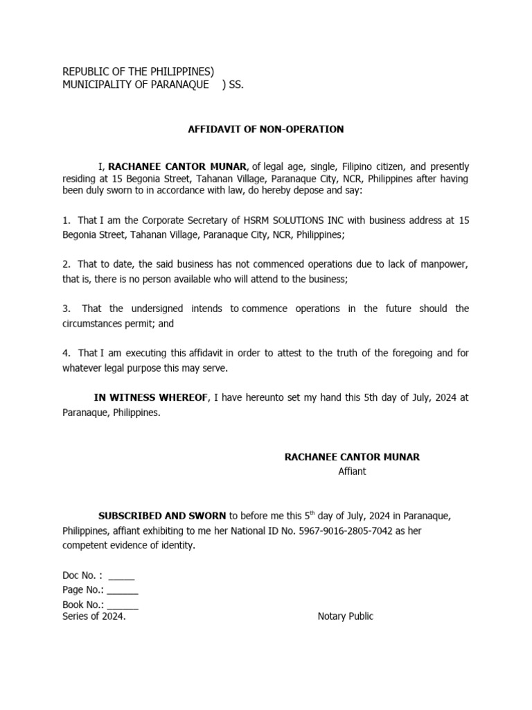 Affidavit of Non-Operation for HSRM Solutions | PDF
