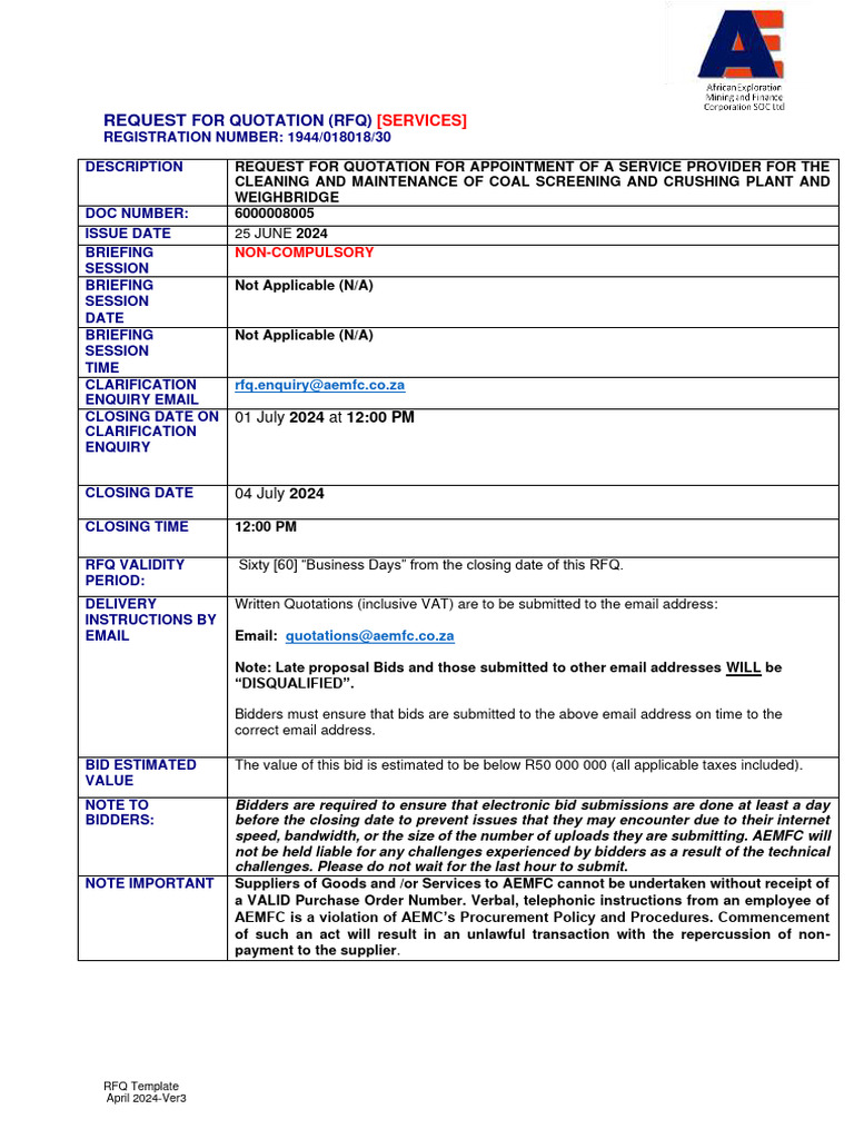 Request For Quotation RFQ - Cleaning of Plant | PDF | Business