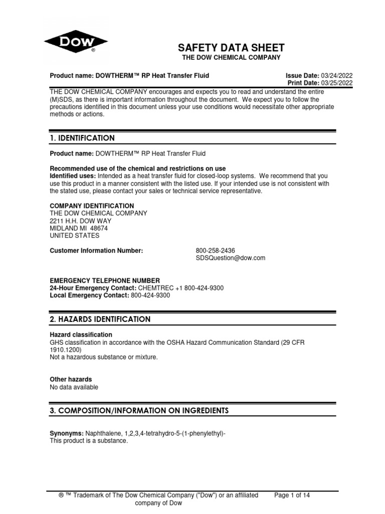 DOWTHERM RP Heat Transfer Fluid-Safety Data Sheet-EN | PDF | Dangerous ...