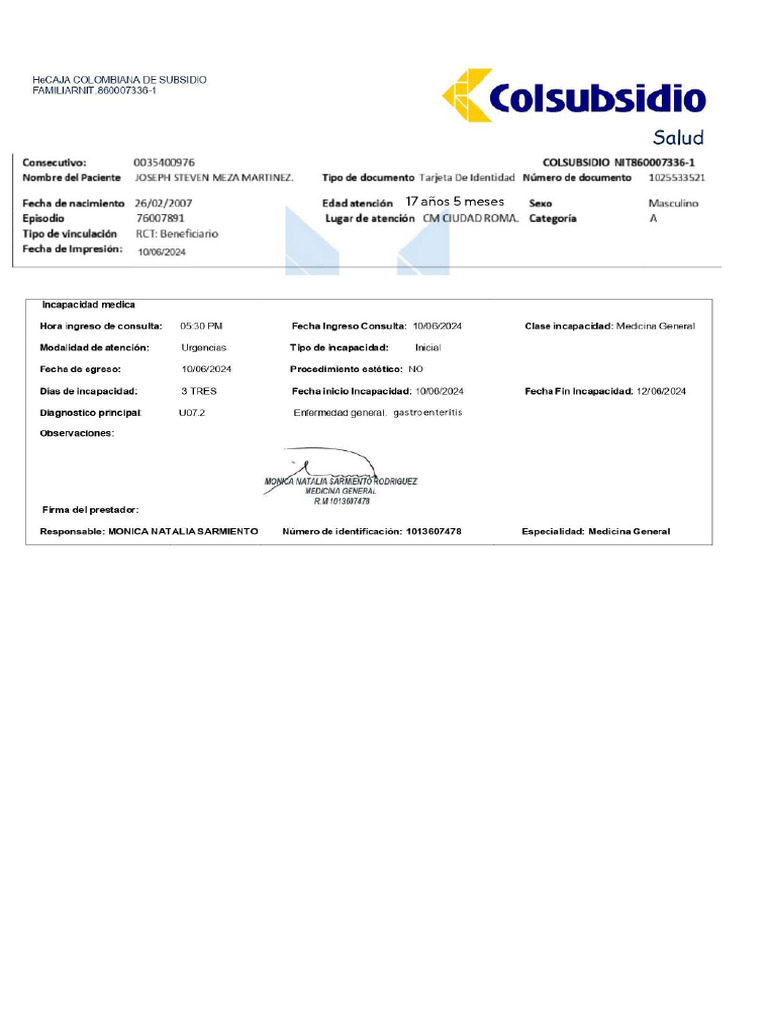 Incapacidad de Colsubsidio | PDF