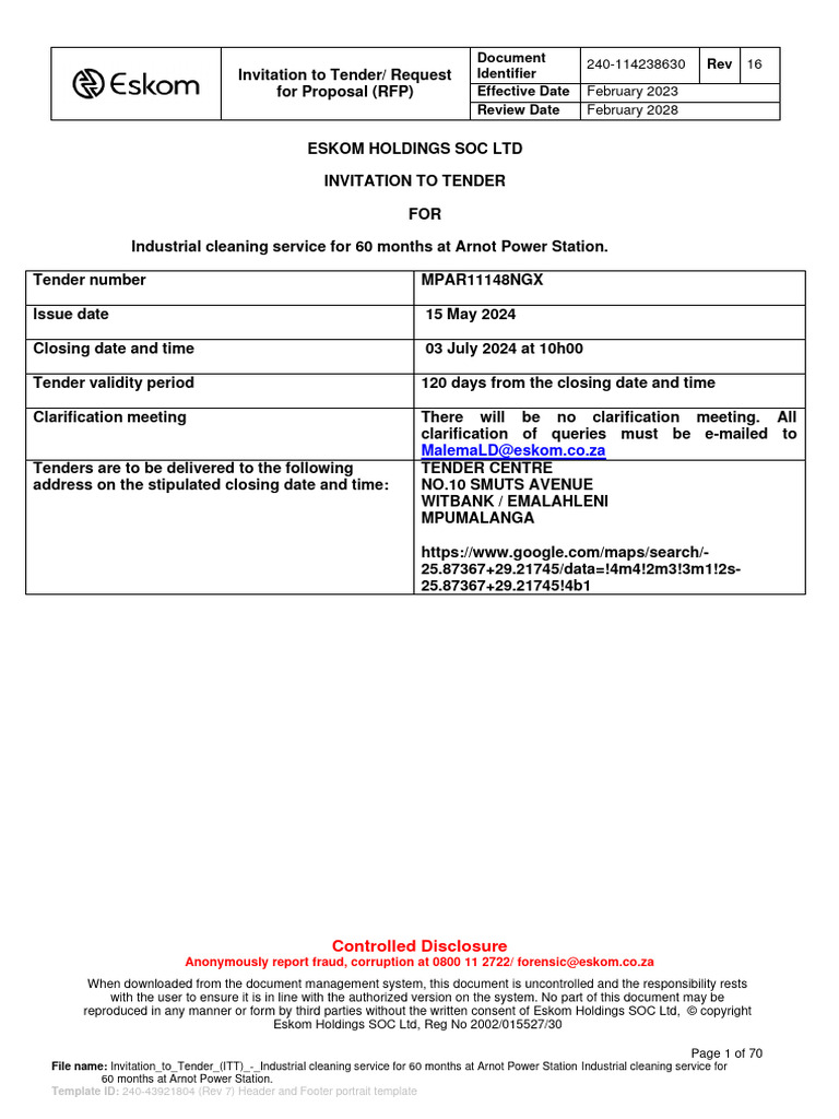 Invitation - To - Tender - (ITT) - Industrial Cleaning Service For 60 ...