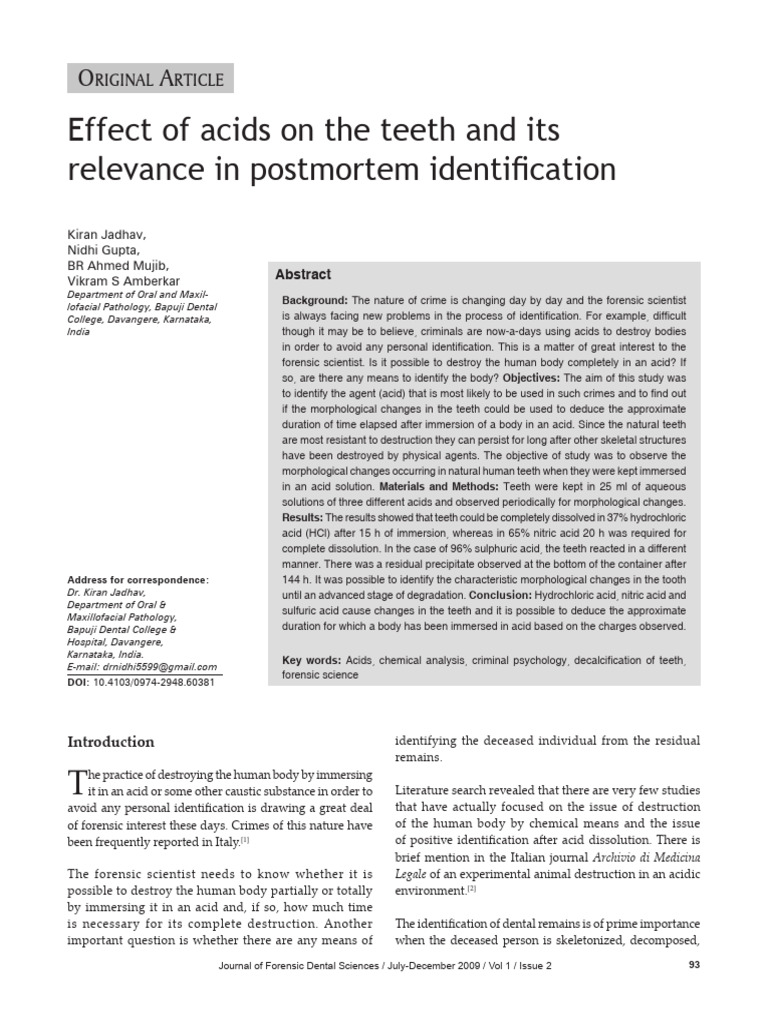 Effect of Acids On The Teeth and Its Relevance in Postmortem ...