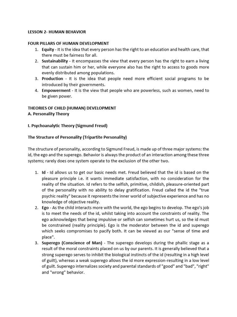 Lesson 2-Human Behavior Four Pillars of Human Development | PDF | Id ...
