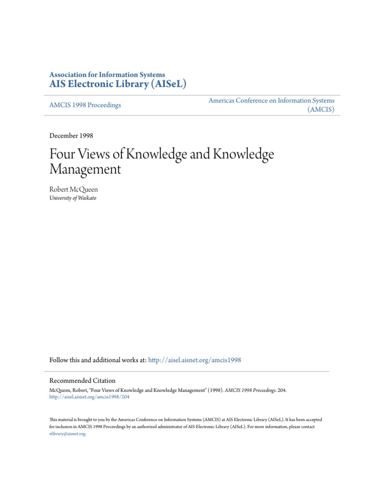 Four Views of Knowledge and Knowledge Management | PDF | Knowledge | Knowledge Management