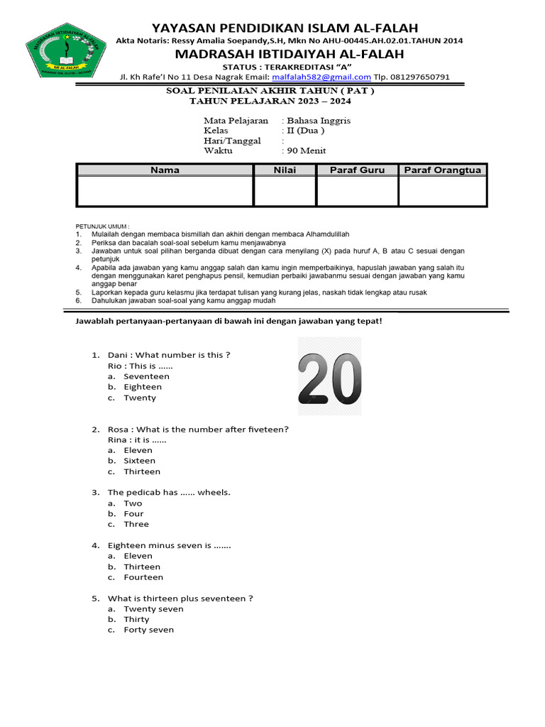 Soal UAS Bahasa Inggris Kelas 2 MI Alfalah | PDF