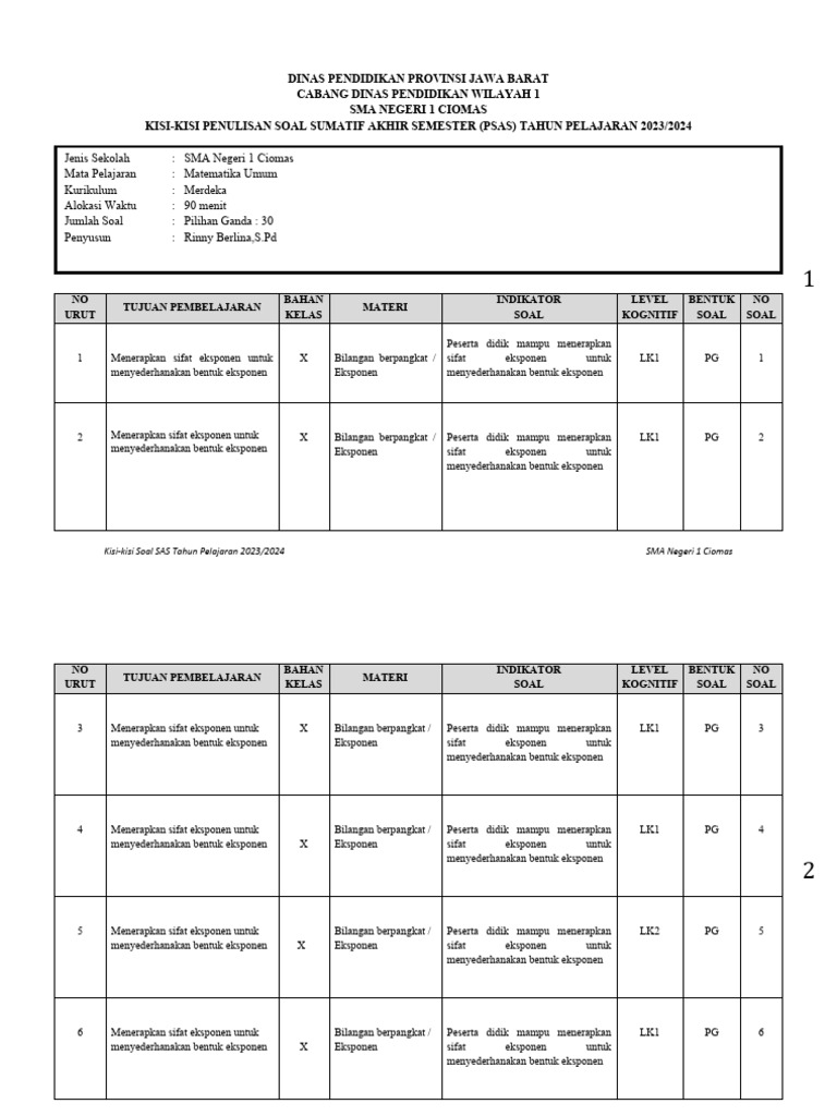 Kisi-Kisi Sas - Matematika Umum Kelas X - 2023-2024 | PDF
