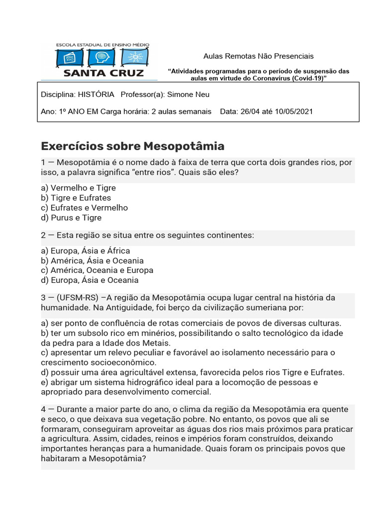 Atividades Sobre Mesopot-Mia | PDF | Mesopotâmia | Suméria