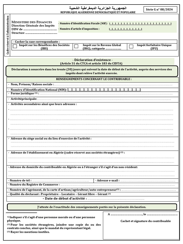 Numéro D'identification Fiscale (NIF) : - Numéro D'article D'imposition ...