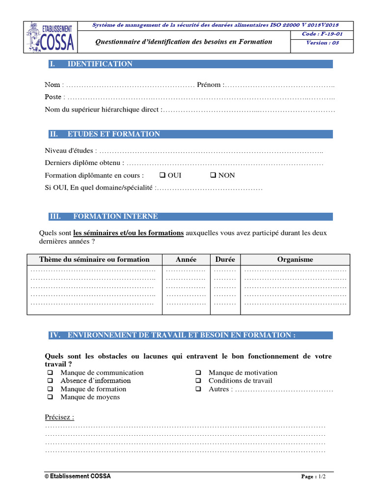 F-19-01 Questionnaire D'identification Des Besoins en Formation | PDF