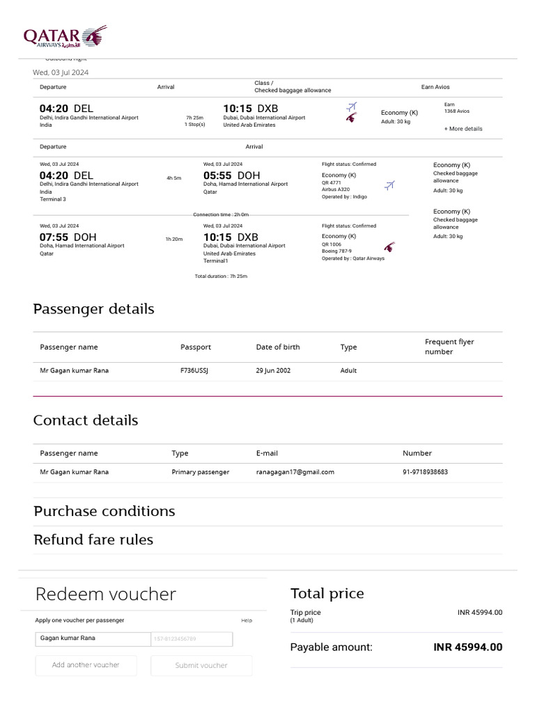 Qatar Airways Flight Ticket | PDF | Aviation | Civil Aviation